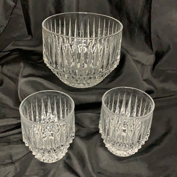 2 Fostoria Stratton double Old Fashioned crystal rocks glasses & ice bucket